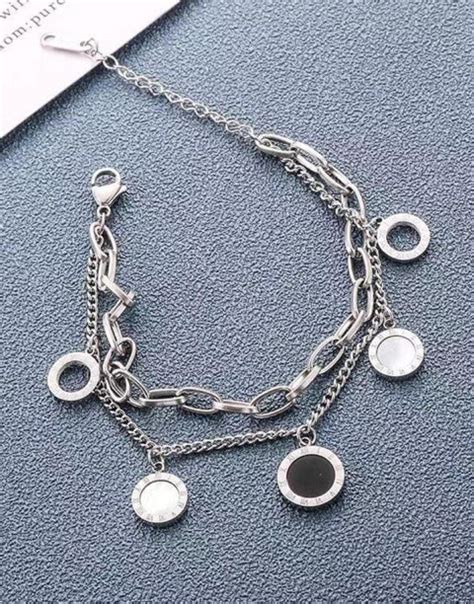 Стоманена дамска гривна с двойна верижка и висулка оникс и седеф Biju Bg Com Онлайн магазин