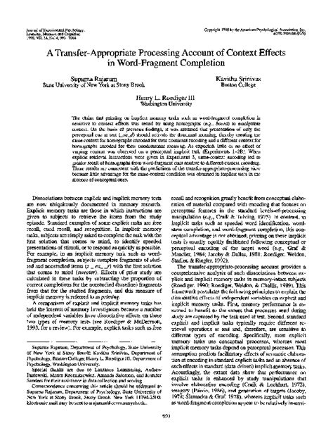 Pdf A Transfer Appropriate Processing Account Of Context Effects In