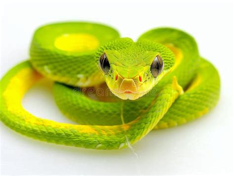 Madagascan Leaf Nosed Snake Coiled On A Soft White Surface Its Vibrant
