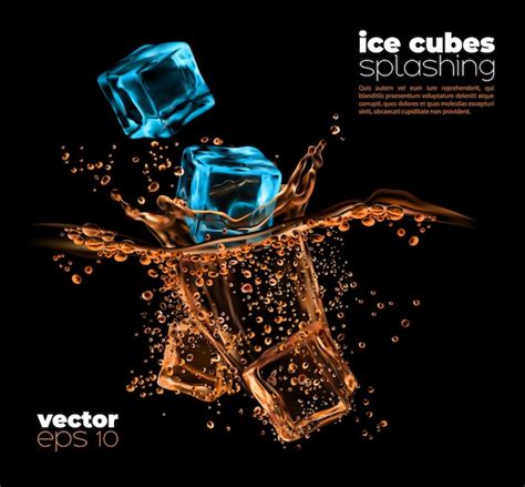 위스키 코냑 럼 버번 또는 브랜디 알코올 음료에 떨어지는 아이스 크리스탈 큐브 3d 벡터 스플래시와 거품과 파도 방울 투명한 파란색 얼어붙은 물과 알코올 음료 튀김