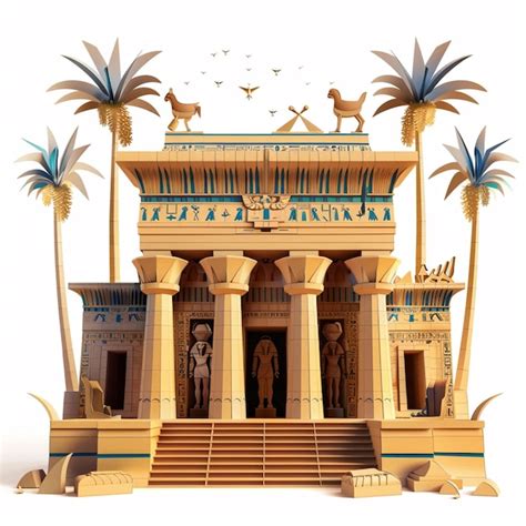 Arafed Image Of A Egyptian Temple With Palm Trees And Statues