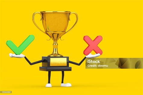 골든 어워드 수상자 트로피 마스코트 인물 캐릭터 적십자 및 그린 체크 마크 확인 또는 거부 예 또는 아니오 아이콘 기호 3d