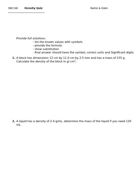 Snc1w Density Quiz Pdf