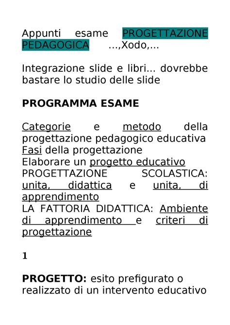 Riassunto Appunti Progettazione Pedagogica Docsity