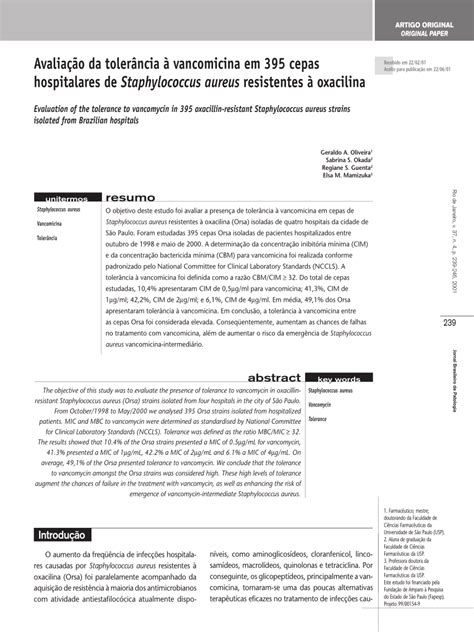 Pdf Evaluation Of The Tolerance To Vancomycin In 395 Oxacillin Resistant Staphylococcus Aureus