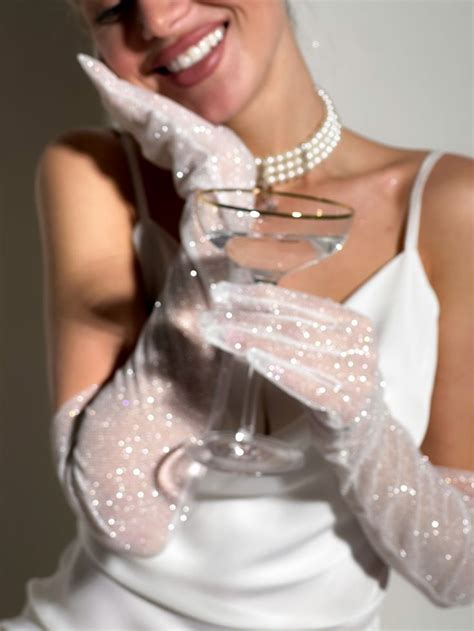 Shimmering Elegance Long White Sparkle Wedding Gloves Bridal Gloves