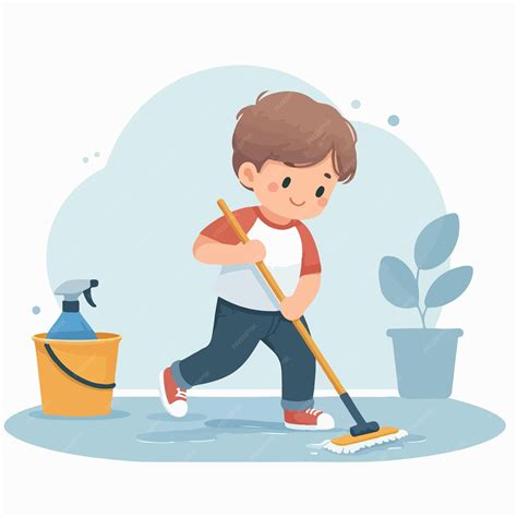 Niño De Dibujos Animados Limpiando El Suelo Vector Premium Generado