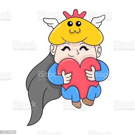 발렌타인 낙서 아이콘 이미지 Kawaii을 축하 인형과 함께 노는 소녀 아이 낙서 드로잉에 대한 스톡 벡터 아트 및 기타 이미지