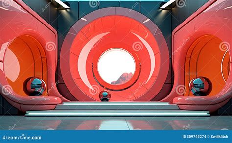 Spaceship Or Lab Interior In Retro Futuristic Sci Fi Style With Round Doors Stock Photo Image