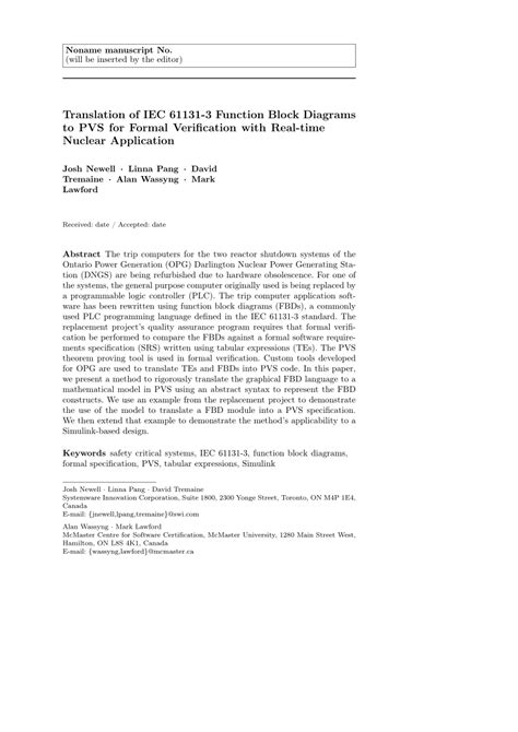 Pdf Translation Of Iec 61131 3 Function Block Diagrams To Pvs For
