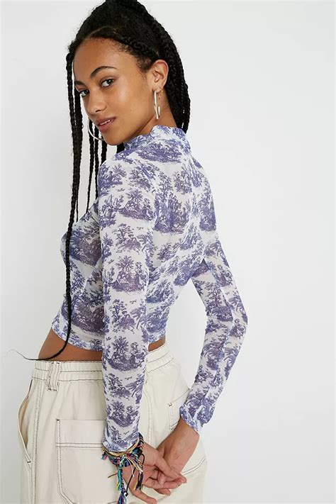 Uo Toile De Jouy Mesh Funnel Neck Top Urban Outfitters Uk
