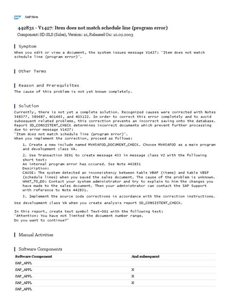 V1427 Item Does Not Match Schedule Line Program Error Pdf Information Technology