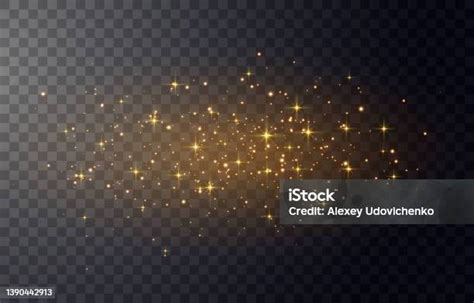 요정 먼지 불꽃과 황금빛 별은 특별한 빛으로 빛납니다 반짝이는 마법의 먼지 입자 추상적인 세련된 조명 효과 먼지가 많은 빛을 비추십시오 투명한 배경에 반짝입니다 디자인에