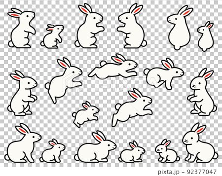 各種姿勢的白兔父母和孩子的插圖集 插圖素材 92377047 PIXTA圖庫