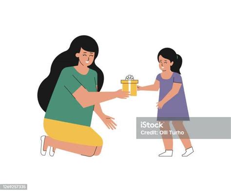 벡터는 생일에 대한 평면 개념을 격리 만화 라틴어 젊은 성인 여성은 귀여운 딸에게 선물을 제공합니다 어머니는 쪼그리고 어린