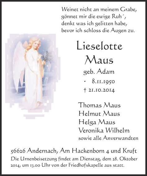 Traueranzeigen Von Lieselotte Maus Rz Trauer De