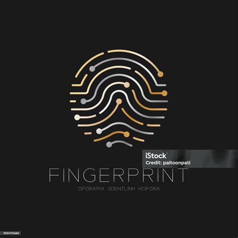 지문 스캔 로고 아이콘 대시 선 디자인 그림 금색과 은색 지문 텍스트와 검은 배경에 절연 및 공간 복사 Eps10 벡터 감지기에