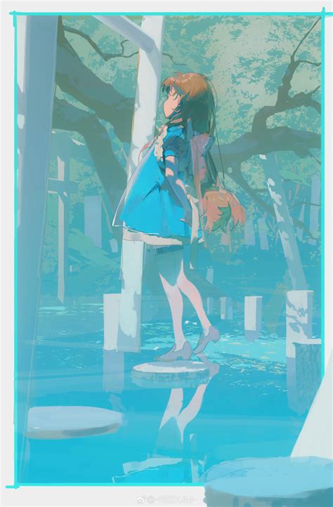 Safebooru 1girl Absurdres Artist Name Blue Dress Branch Brown Hair