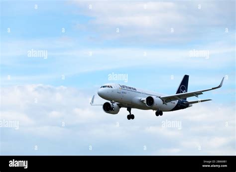 Barcelona Spain May Airbus A Plane Of The Lufthansa Company Landing At Barcelona