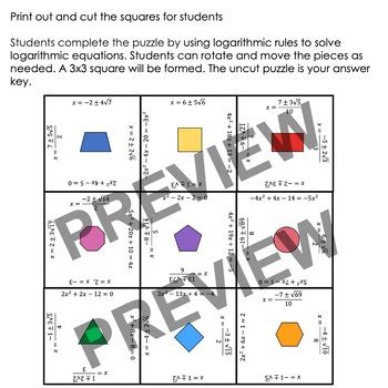 Using Log Rules To Solve A Logarithmic Equation Activity Puzzle TPT