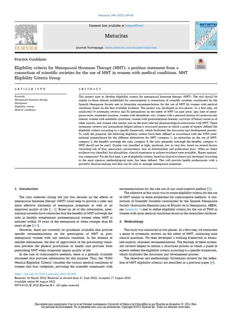Eligibility Criteria For Menopausal Hormone Therapy Mht A Position Statement From A