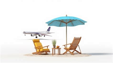 3d 렌더링 비행기는 휴가 느낌이 물씬 풍기는 우산과 여행가방을 들고 해변 의자를 향해 솟아오른다 해변 의자 여행 해변 해변 휴가 배경 일러스트 및 사진 무료 다운로드