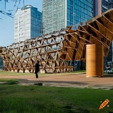 Architectural Pavilion With Recycling Center And Cityscape On Craiyon