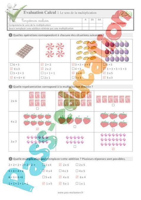 Le sens de la multiplication au CE Evaluation QCM Quiz PDF à imprimer par Pass education