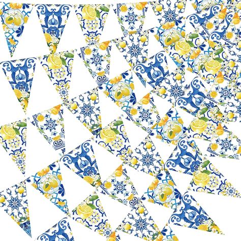 Amazon Faccito Pcs Blue Tiles Lemon Decor Lemon Bunting Banners Blue Tiles Paper Pennant