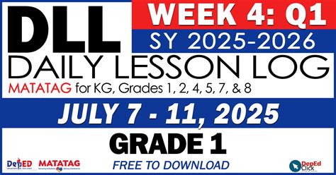 Deped Grade 1 Matatag Daily Lesson Logs Week 4 Q1 July 7 11 2025 Free Download