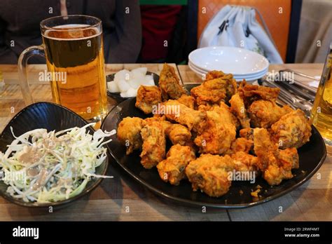 Korean Food Chimaek Pairing Fried Chicken With Beer In One Of Restaurants In Suwon Chicken
