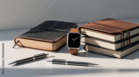 Modern Smartwatch And Leather Notebook Setup On A Sunlit Desk For Productivity And Lifestyle
