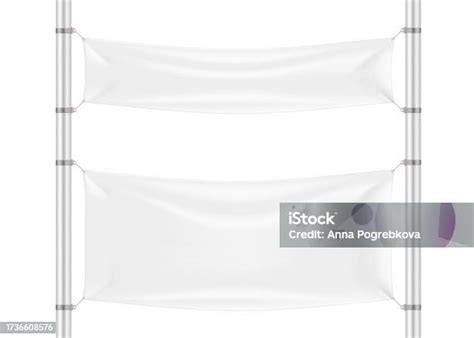 길 건너편에 배너 벡터 모형이 있습니다 흰색 빈 야외 비닐 게시판 빈 수평 광고 깃발 표지판이 가로대 모형에 걸려 있다 디자인용 템플릿 배너 표지판에 대한 스톡 벡터 아트