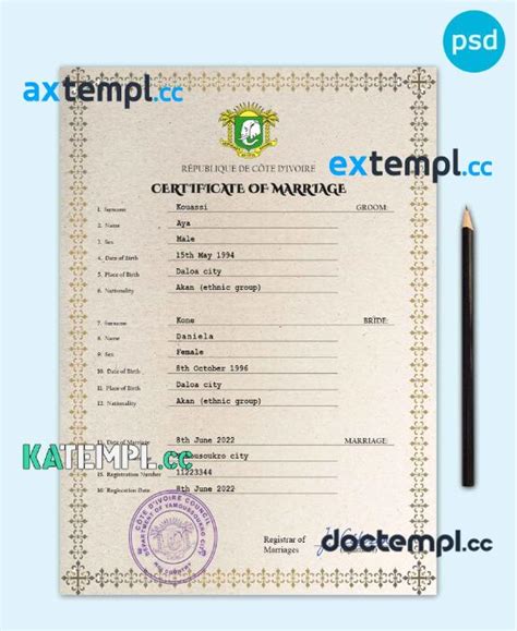 Sample Côte Divoire Marriage Certificate Psd Template Completely