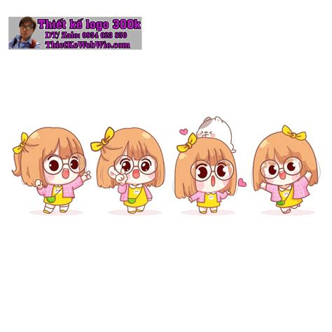 Vẽ chibi bé gái tóc vàng buộc nơ đeo kính mặc váy vàng và áo hồng tương tác với mèo để thiết