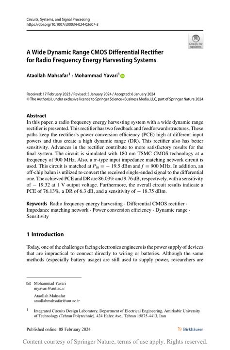 a wide dynamic range cmos differential rectifier for radio frequency energy harvesting systems