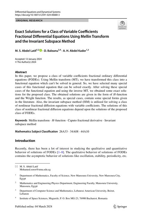 Pdf Exact Solutions For A Class Of Variable Coefficients Fractional