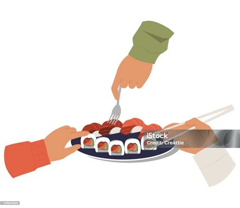 젓가락과 포크로 접시에서 초밥을 먹는 손 평면 벡터 일러스트 레이 션 공유 식사 일본 요리 그리고 음식 즐거움을 상징 흰색 배경에 고립 된 0명에 대한 스톡 벡터 아트 및