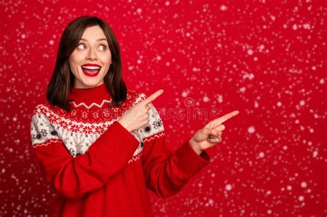 Portrait Of Funny Impressed Woman Bob Hairdo Wear Red Sweater Look