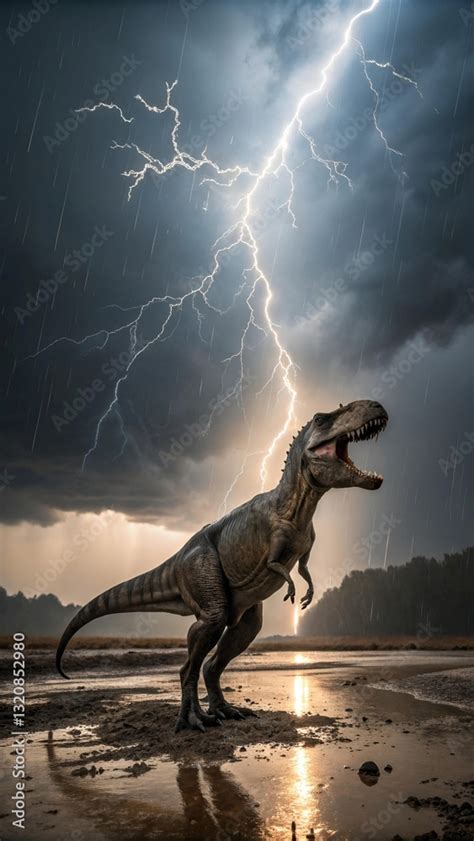 A Mighty Dinosaur Roars Amidst A Blazing Forest Fire As Thunder And