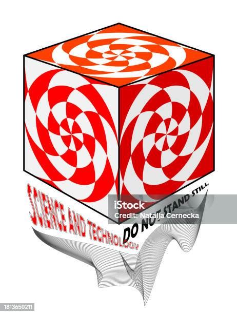 과학과 기술은 멈추지 않습니다 우주 만화경 창조의 추상적 인 3d 모델 과학 연구를 위한 로고 인쇄를 위한 현대 기하학적 배경입니다 글자가 있는 플랫 벡터입니다 0명에 대한