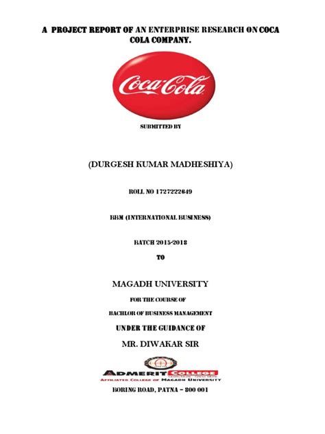 A Project Report Of An Enterprise Research On Coca Cola Company Pdf
