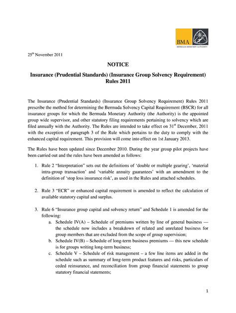 Fillable Online Bma Insurance Prudential Standards Insurance Group