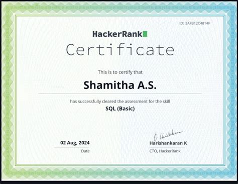 Earned Sql Basic Certification From Hackerrank Shamitha As Posted
