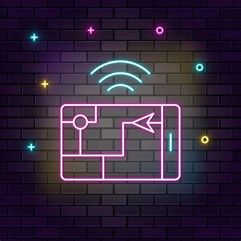 벽에 Gps 스마트 위치 아이콘 네온 어두운 배경 벽돌 벽 네온 아이콘 프리미엄 벡터