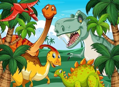 Amigos dos dinossauros na cena da selva Vetor Grátis