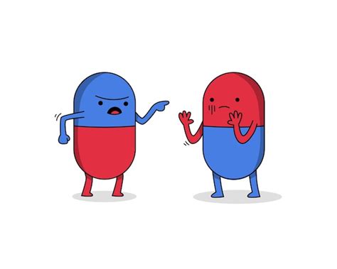 귀여운 알약 만화 캐릭터 말다툼 프리미엄 벡터