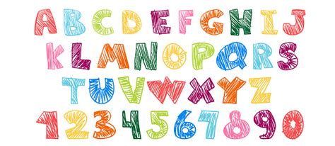 크레용 어린이 글꼴 낙서 재미 있은 장난기 넘치는 알파벳 손으로 그린 문자와 숫자 학교 왁스 크레용 Abc 교육 배너 학교 유치원 벡터 만화 어린이 일러스트 낱말에 대한