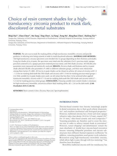 Pdf Choice Of Resin Cement Shades For A High Translucency Zirconia Product To Mask Dark