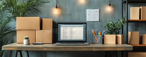 A Modern Workspace Featuring A Laptop Boxes And Plants Perfect For